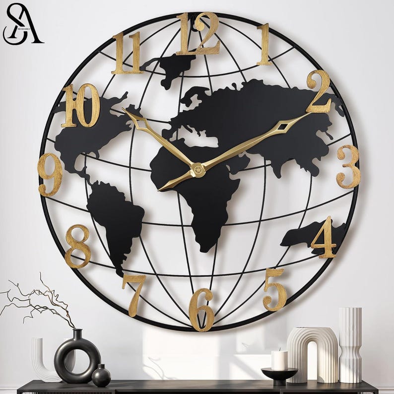 Large World Map Wall Clock | Modern Metal Globe Wall Art Clock – Black ...