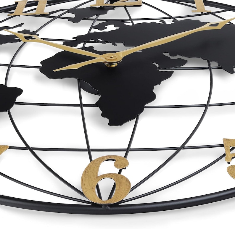 Large World Map Wall Clock | Modern Metal Globe Wall Art Clock – Black ...