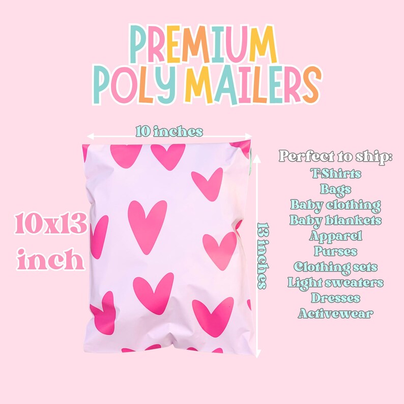 Pink Hearts Poly Mailers 6x9, 10x13, 14.5x19 - Boutique Shipping Bags ...
