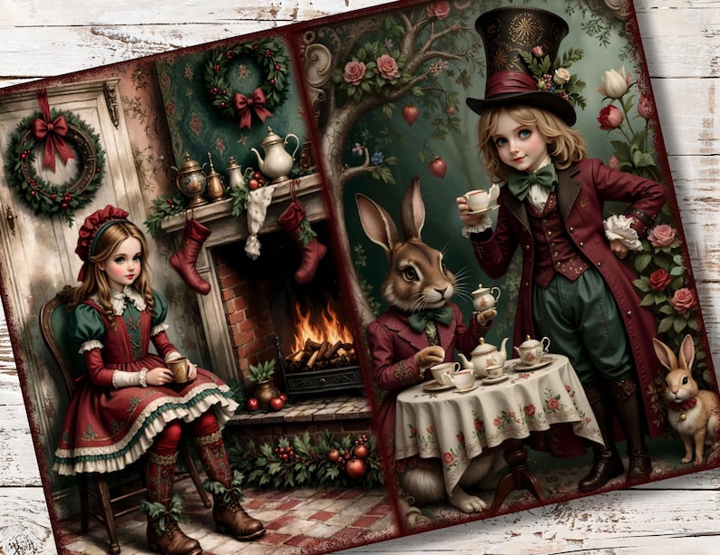 Alice in Wonderland Christmas 5 Page JPEG Junk Journal Mini Kt Digital ...