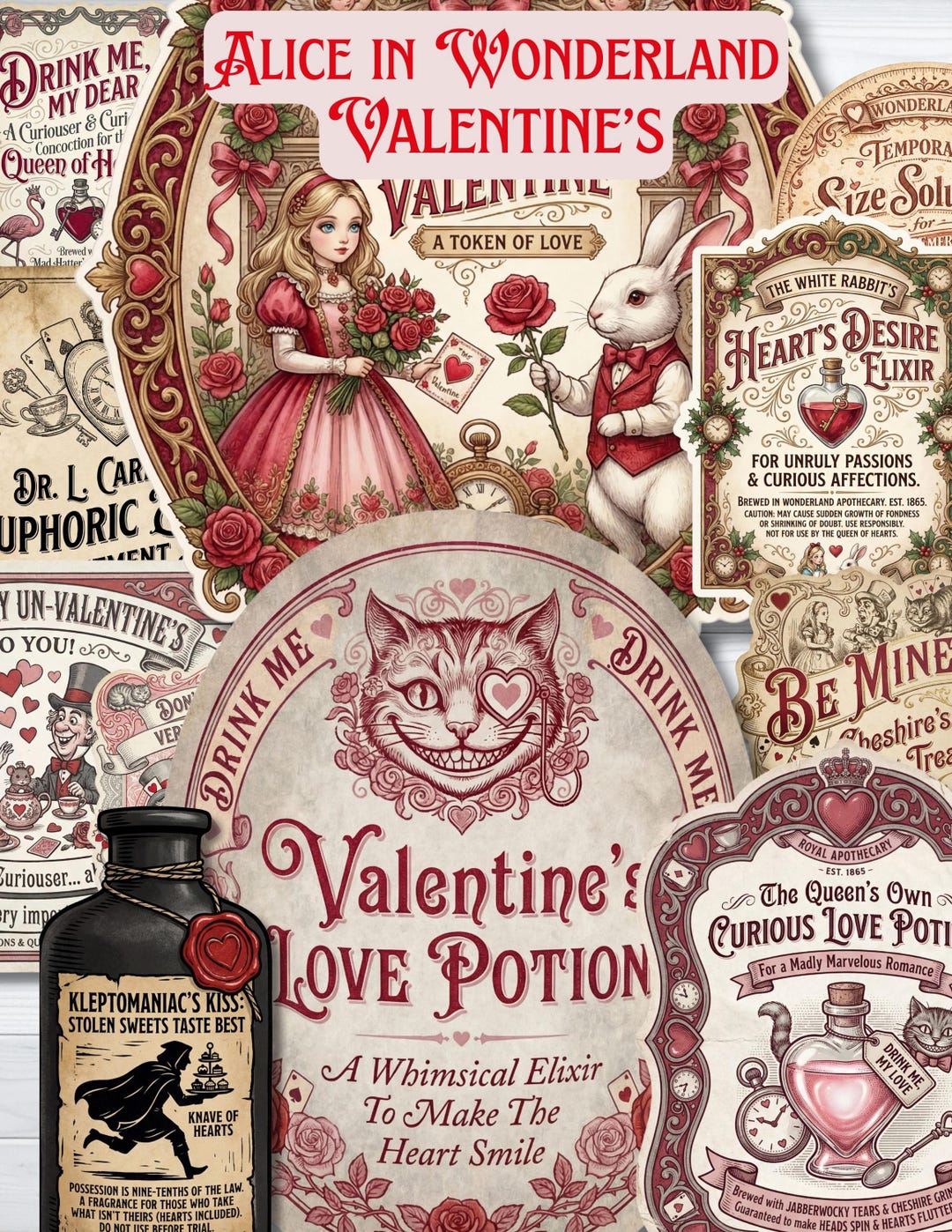 Alice in Wonderland Valentine Clipart: Ephemera PNG & PDF (digital ...