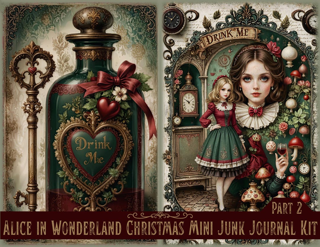 Alice in Wonderland Christmas 5 Page JPEG Junk Journal Mini Kt Digital ...