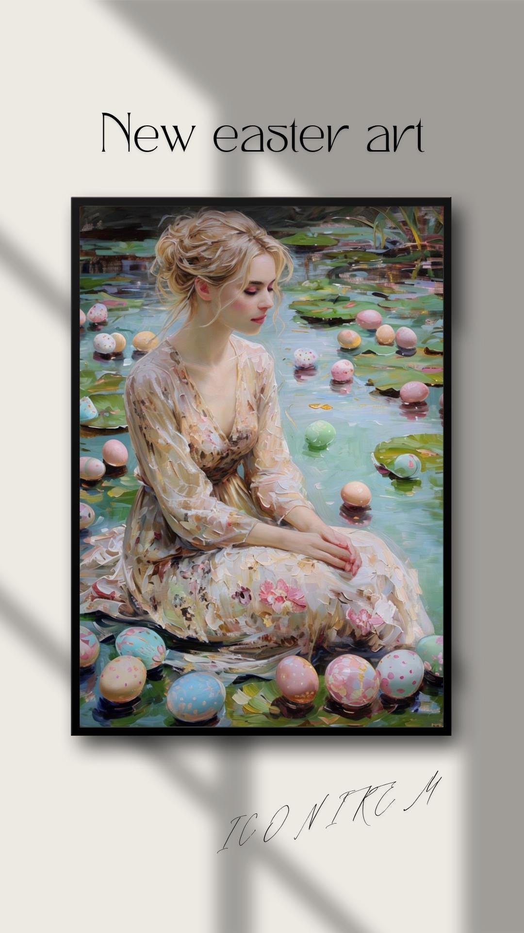 Easter Lake Scene Art Print, Blonde Woman Easter Decor, Lake With Easter Eggs, Spring Wall Art ...
