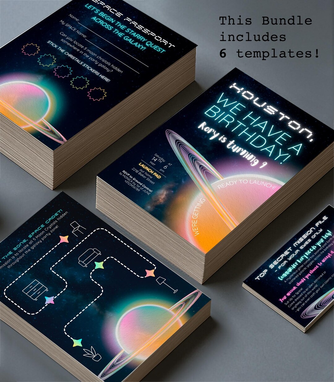 Space Kids Birthday Invitation Printable Neon Saturn Digital Template ...