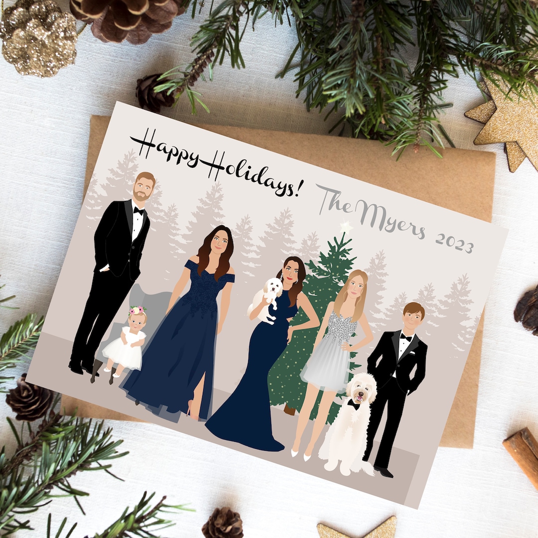 Hand Drawn Holiday Card, Personalized Christmas Card, Custom Portrait ...