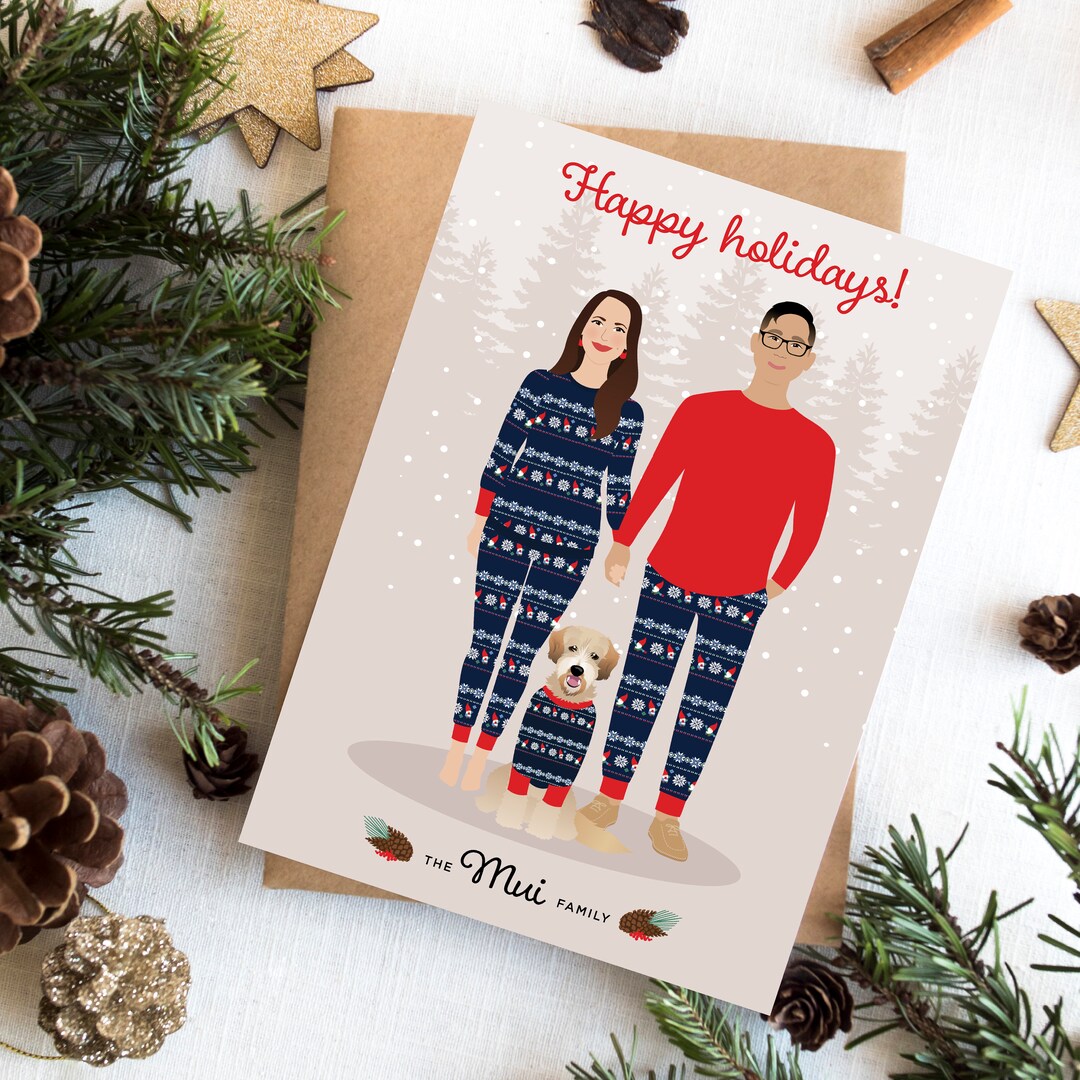 Hand Drawn Holiday Card, Personalized Christmas Card, Custom Portrait ...