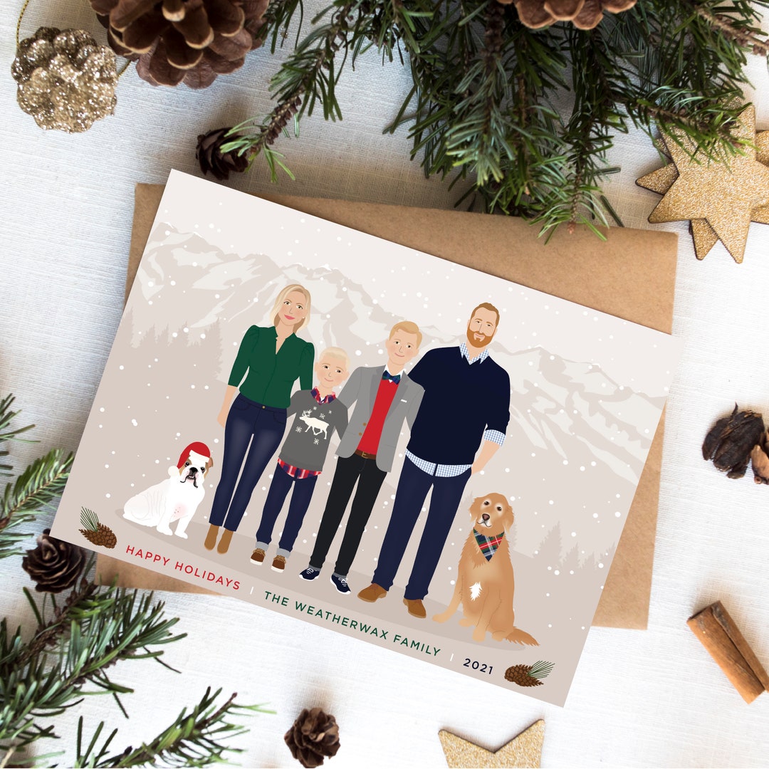 Family Portrait Holiday Card, Personalized Christmas Card, Hand Drawn ...