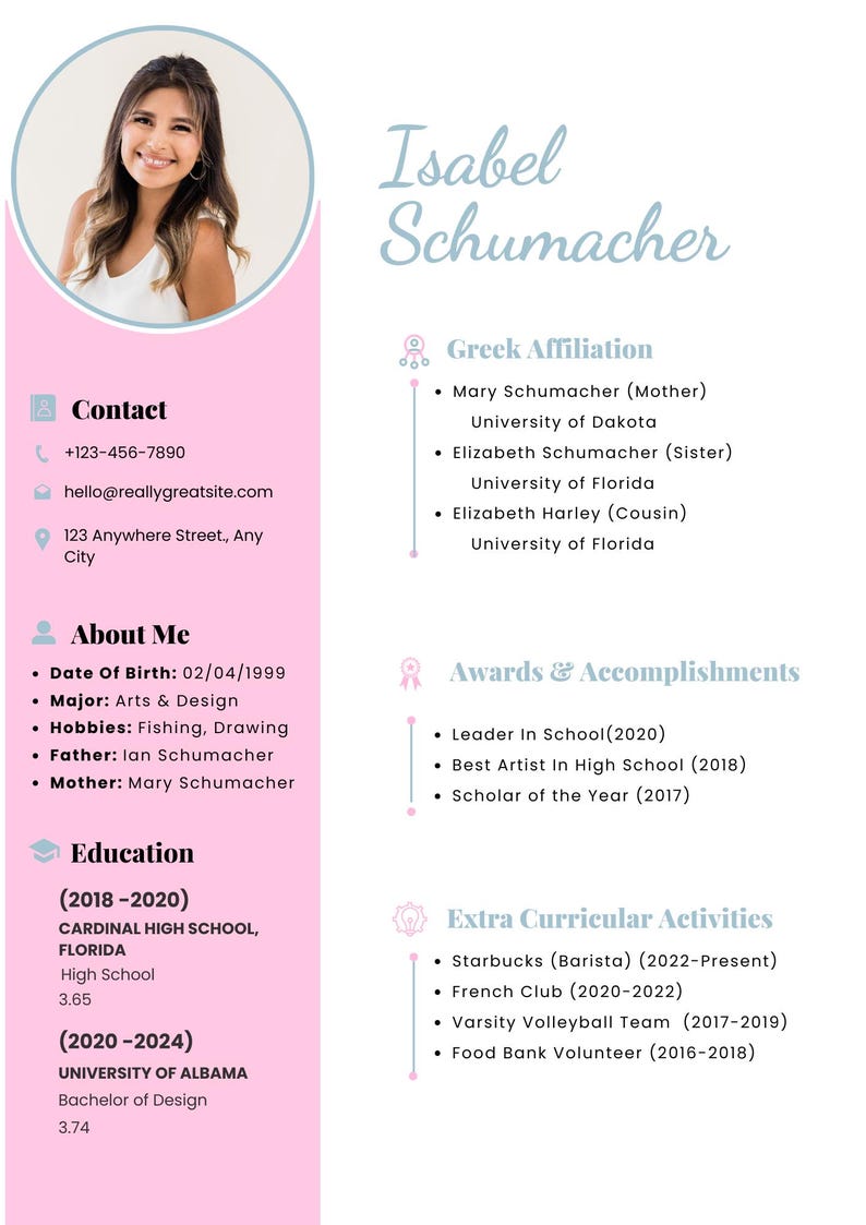 Editable Sorority Resume Template for Canva | PNM Recruitment CV ...