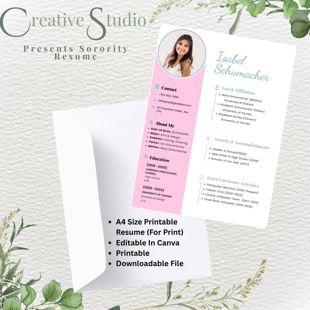 Editable Sorority Resume Template for Canva | PNM Recruitment CV ...