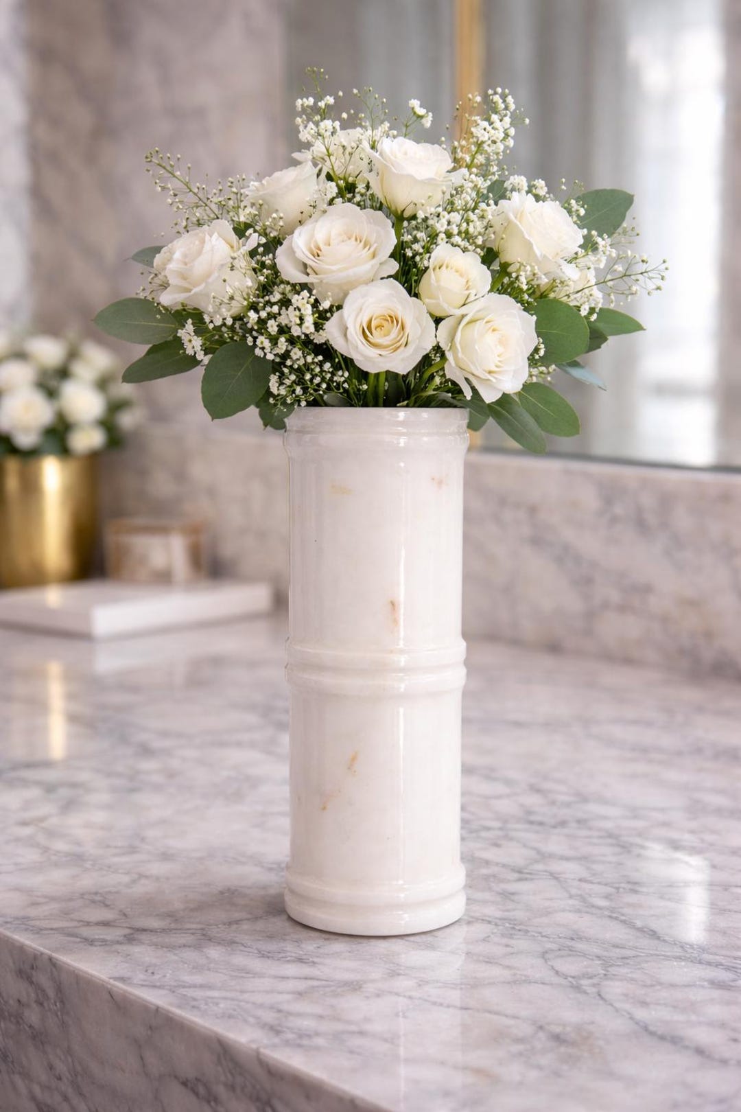 White Marble Vase – Handcrafted Natural Stone Decorative Cylinder Vase ...