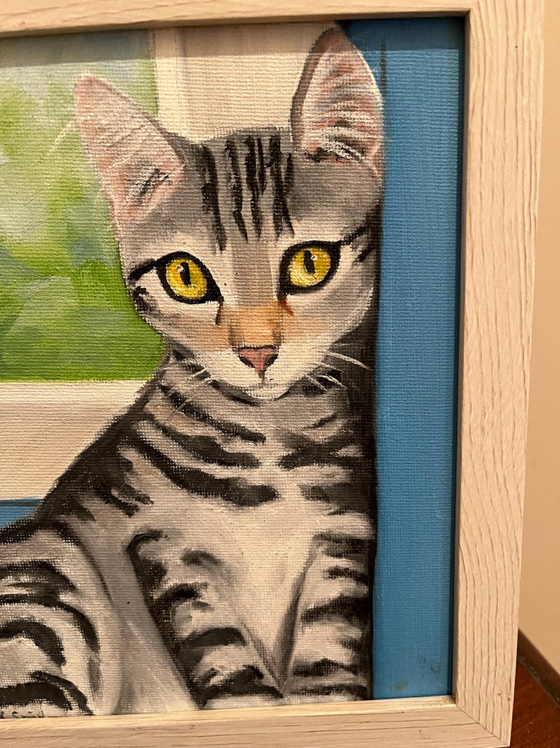 Framed Tabby Cat Oil Painting 7X9 Hand Painted on Canvas Board in Faux ...