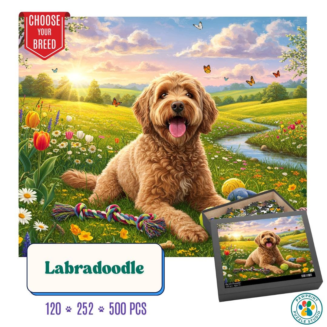 Labradoodle Puzzle | Curly Apricot Pup in Spring Garden | Gift for ...
