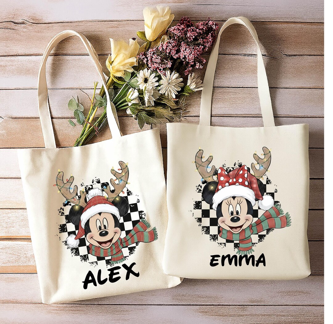 Mickey and Minnie Mouse Disney Checkered Tote Bag,christmas Reindeer ...
