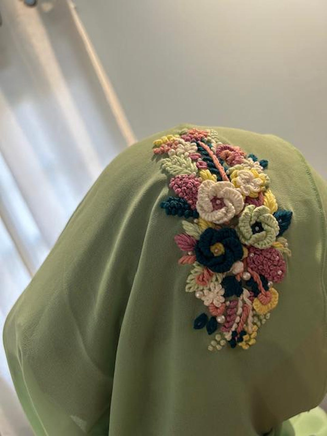 Light Green Instant Hijab With Built-in Magnets and Matching Under Cap, Threadwork, Handwork ...