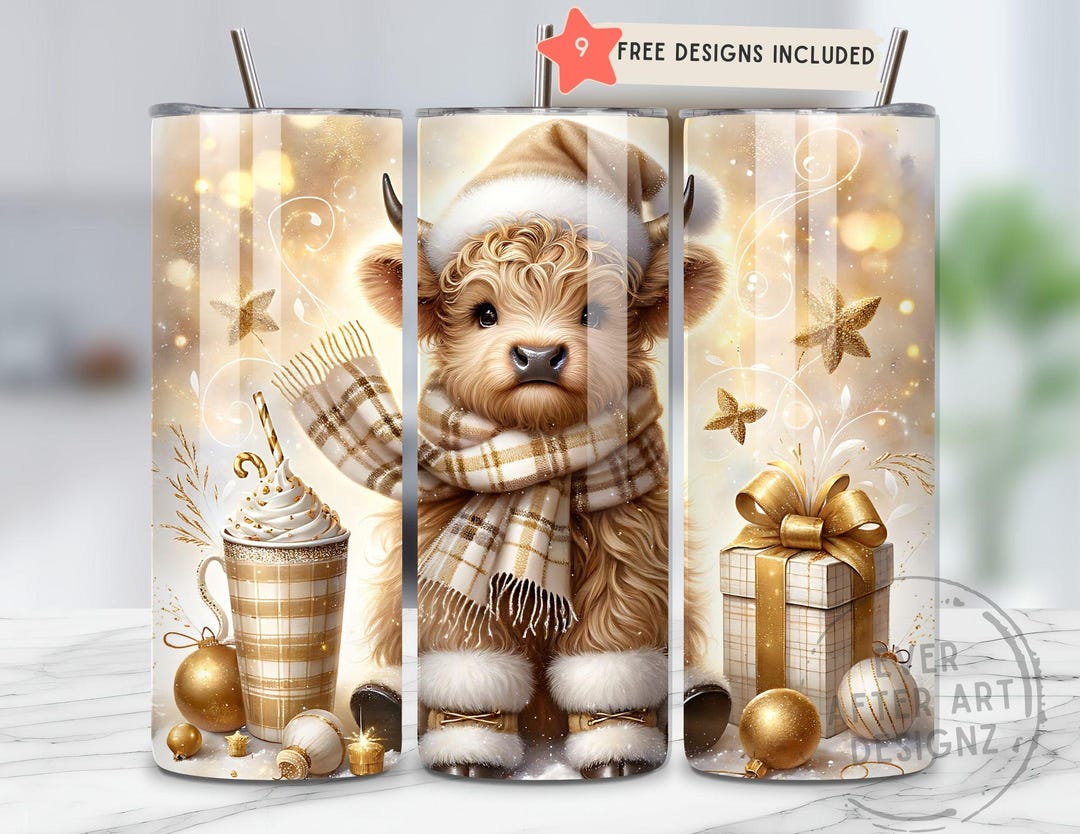 Cute Gold Christmas Highlander Cow, 20oz Skinny Tumbler Wrap,hot Cocoa ...