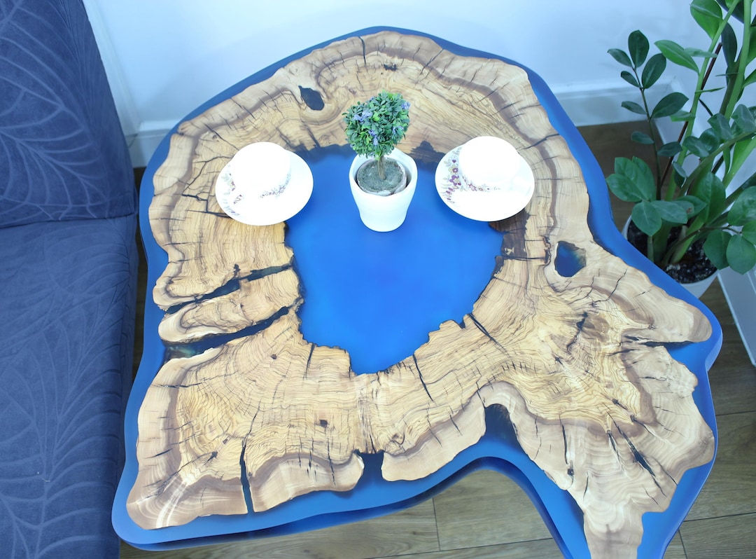 Handcrafted Olive Wood Coffee Table – Ocean Blue Resin, LED Lights ...