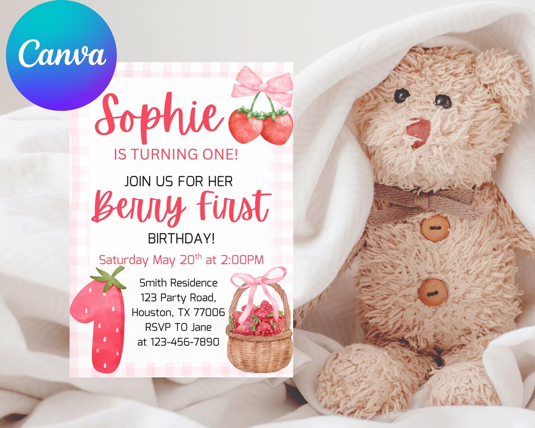 Berry First Birthday Invitation: Strawberry Theme, Pink Gingham (canva ...