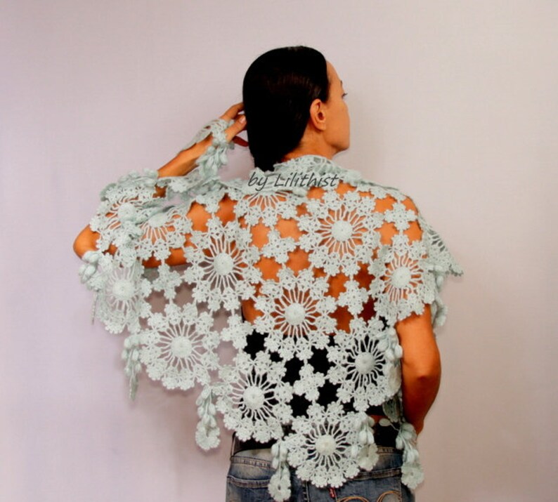 Lace Shawl Crochet Mint Blue Triangle Shawl Flower Shoulder - Etsy