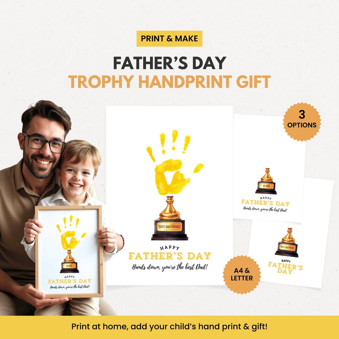 Father's Day Handprint Craft Printable – Best Dad Trophy Art, DIY Gift ...