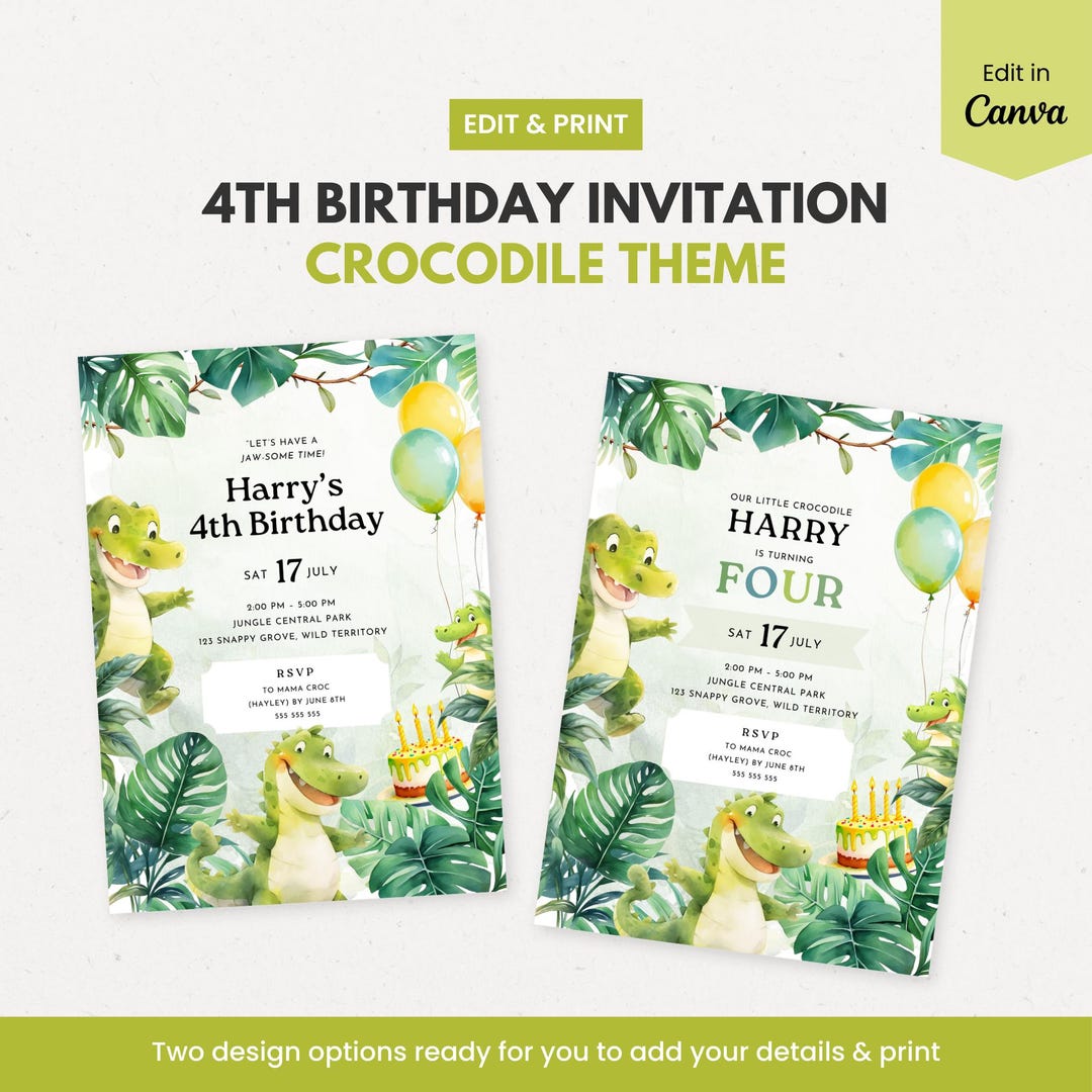 Crocodile 4th Birthday Invitation Template for Canva, Jungle Invite ...