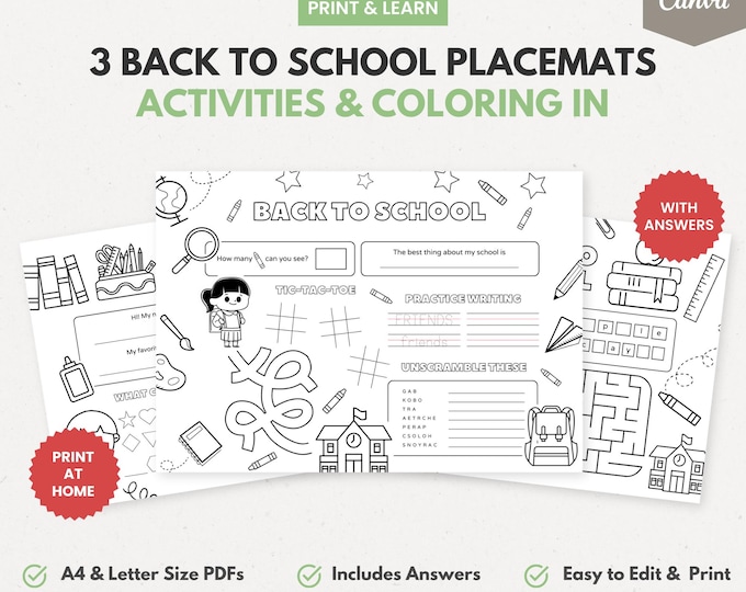 Back to School Party Activity Placemat for Kids, First Day of School ...
