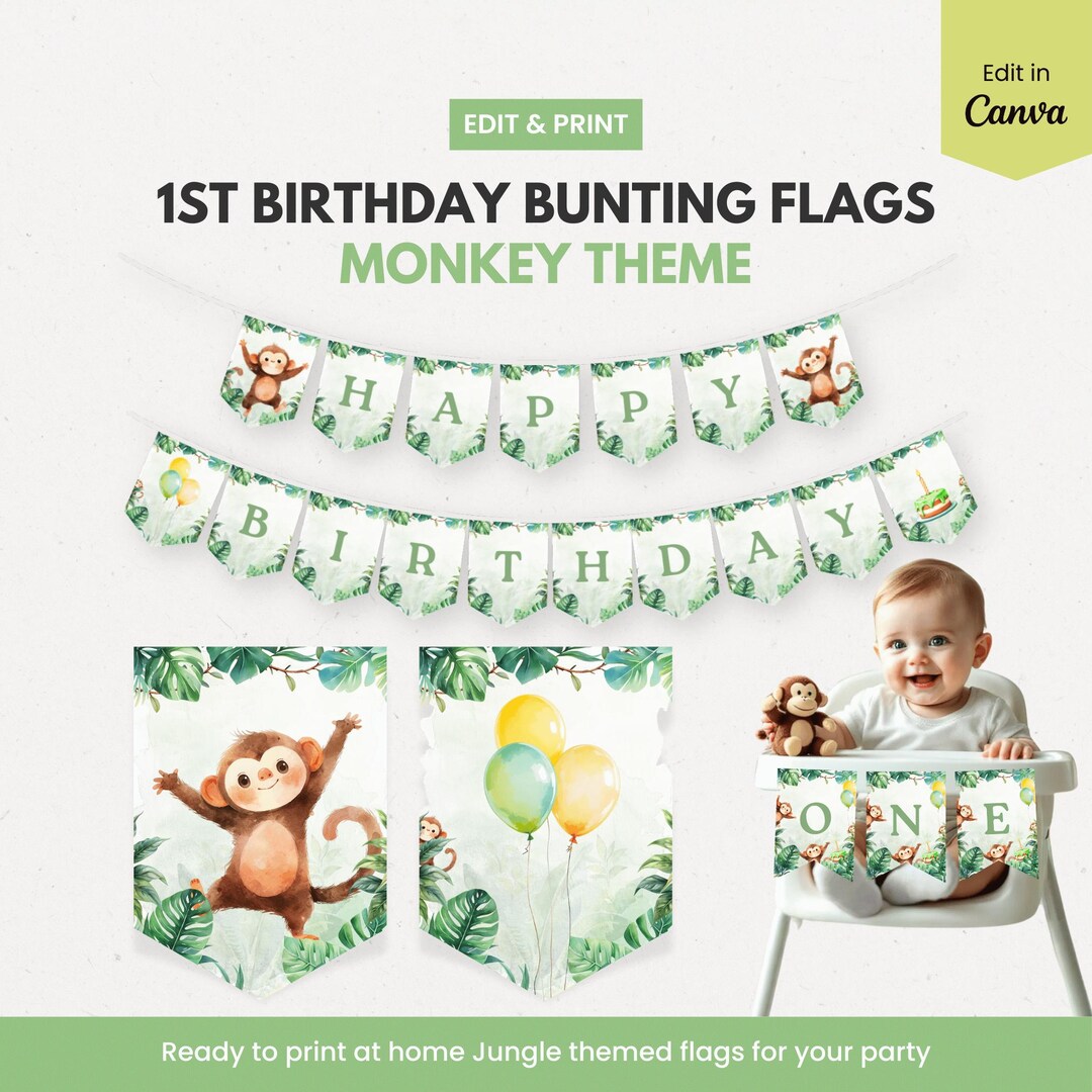 Monkey 1st Birthday Bunting Flags, Jungle Wall Decoration, Printable ...