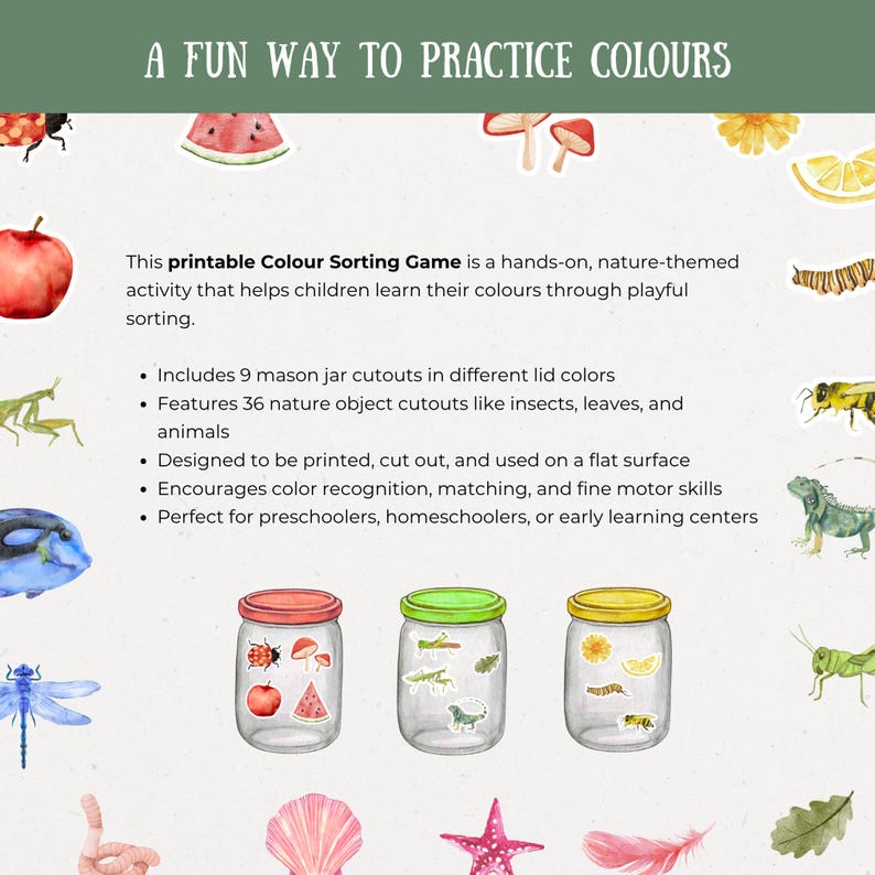 Colour Sorting Jars Early Learning Bundle, Insects Nature Printable ...
