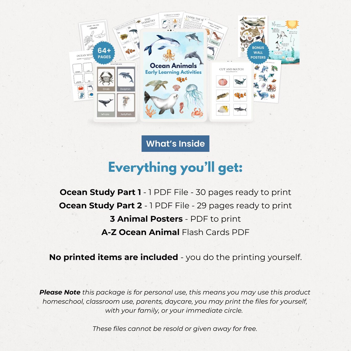 Ocean Animals Early Learning Bundle, Printable Worksheets Flashcards ...