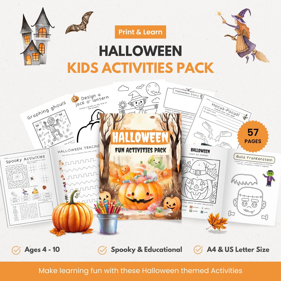Halloween Activity Pack for Kids, A4, US Letter Printable Worksheets ...