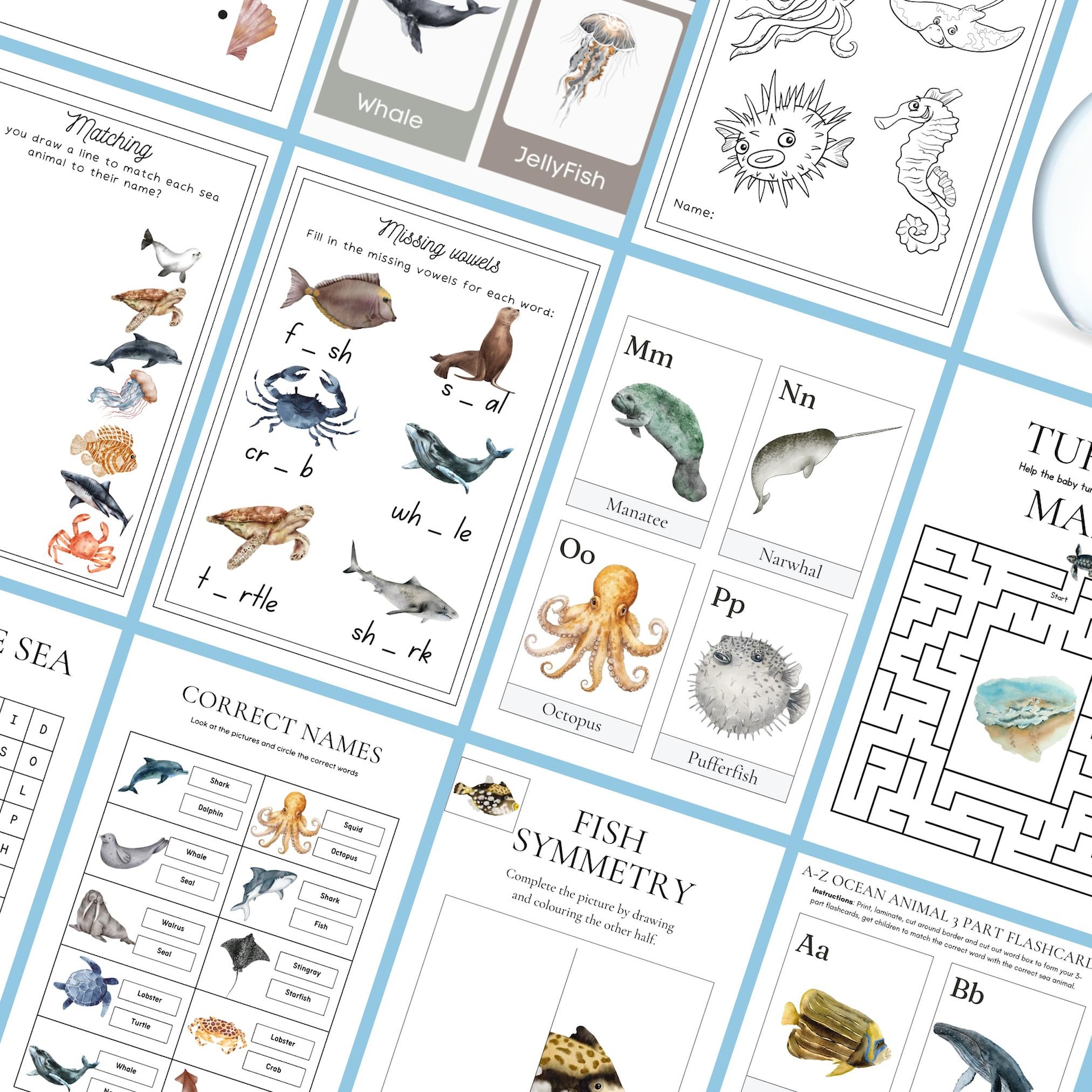 Ocean Animals Early Learning Bundle, Printable Worksheets Flashcards Crafts, Preschool ...