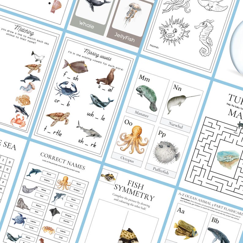 Ocean Animals Early Learning Bundle, Printable Worksheets Flashcards ...