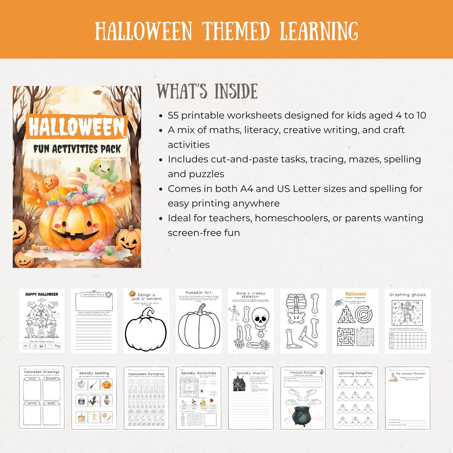 Halloween Activity Pack for Kids, A4, US Letter Printable Worksheets ...