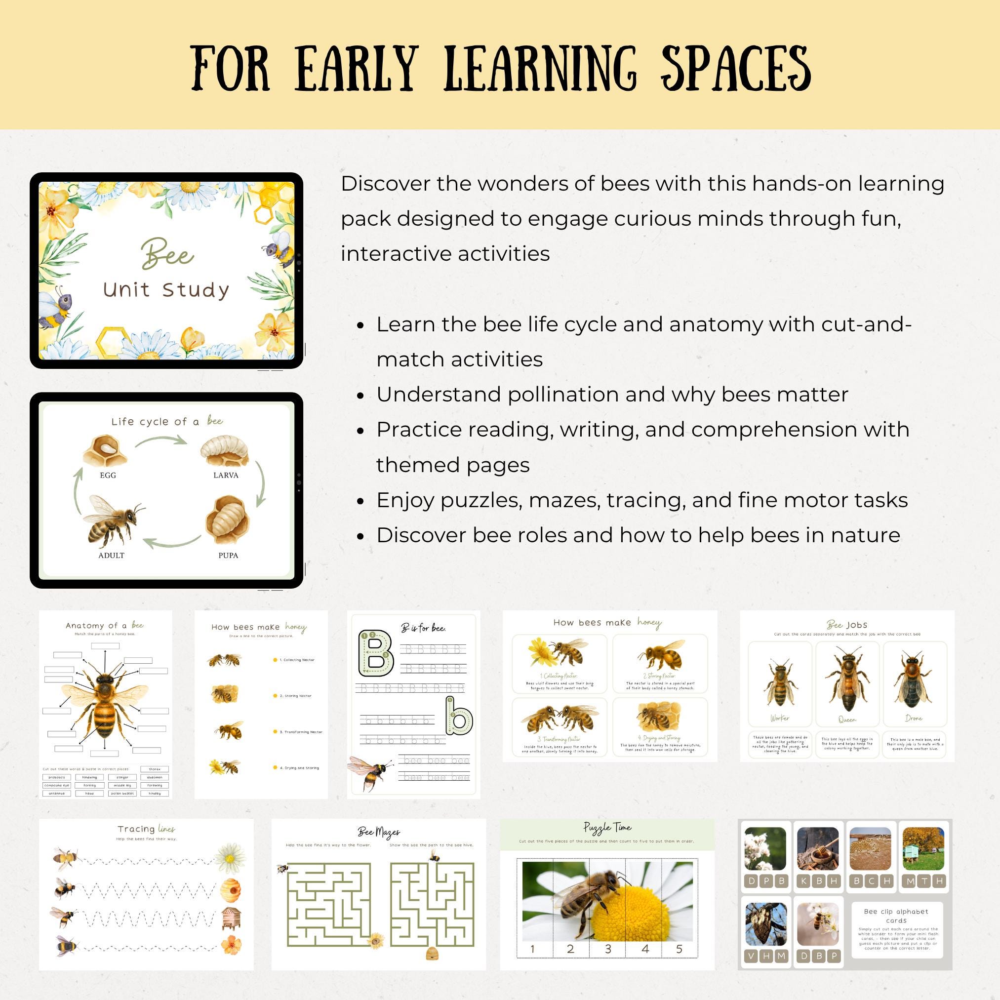 Bee Early Learning Bundle, Printable Worksheets Clip Cards Crafts ...
