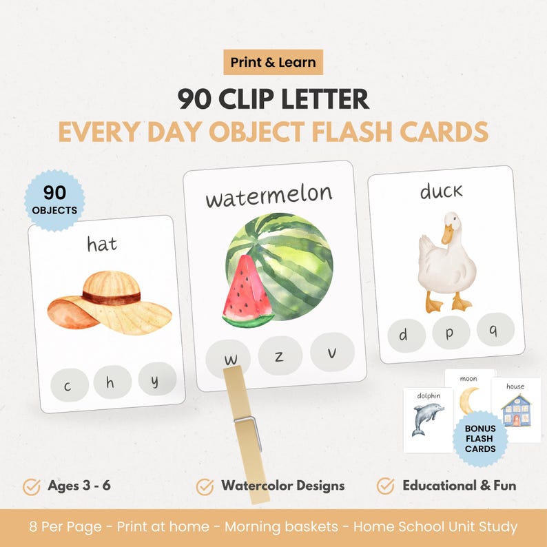 90 Clip Letter Flash Cards, Watercolor Theme Printable Letter Flashcard ...