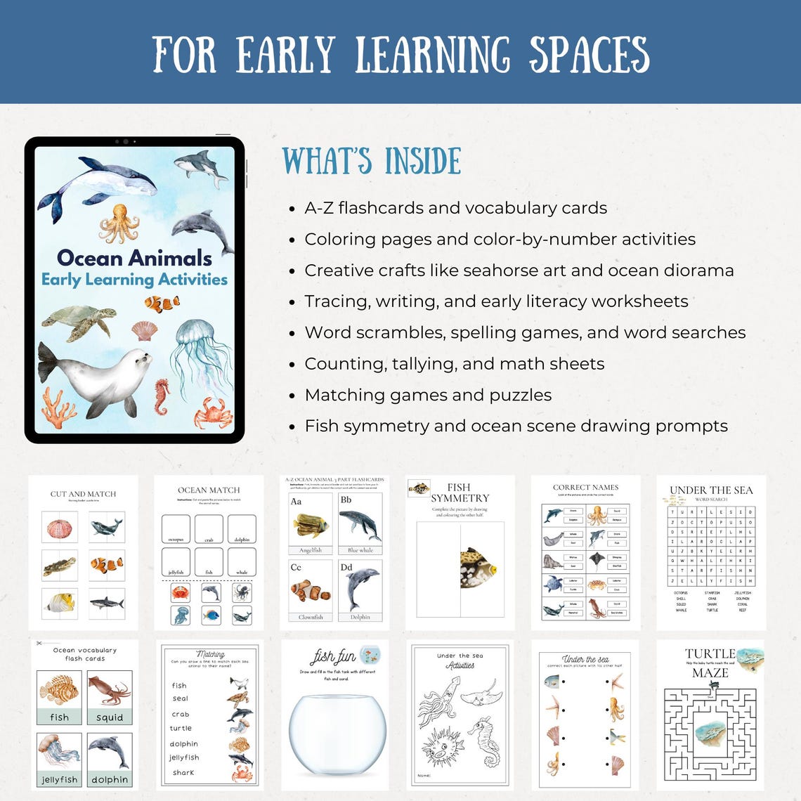 Ocean Animals Early Learning Bundle, Printable Worksheets Flashcards ...