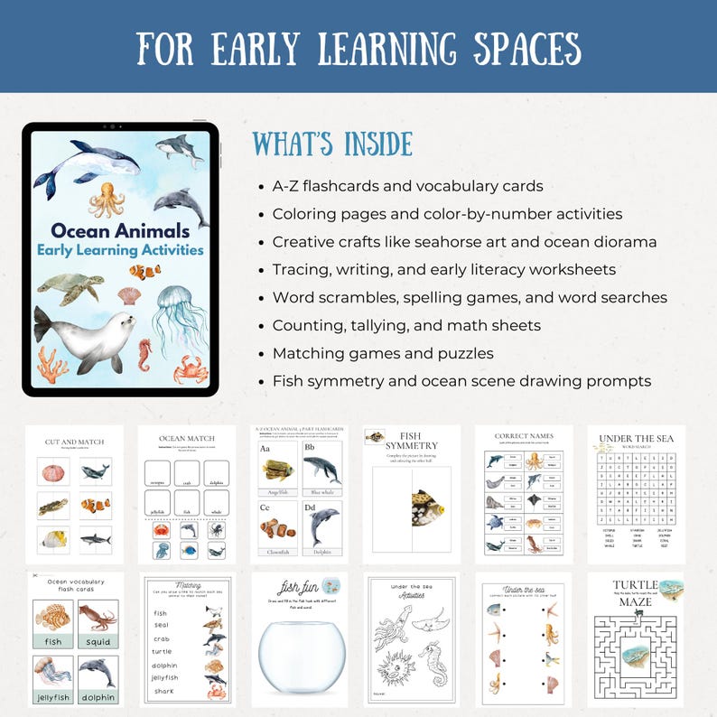 Ocean Animals Early Learning Bundle, Printable Worksheets Flashcards ...