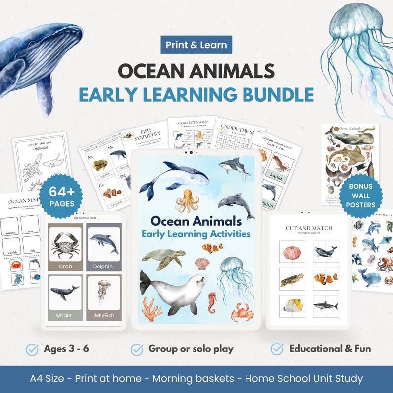 Ocean Animals Early Learning Bundle, Printable Worksheets Flashcards ...