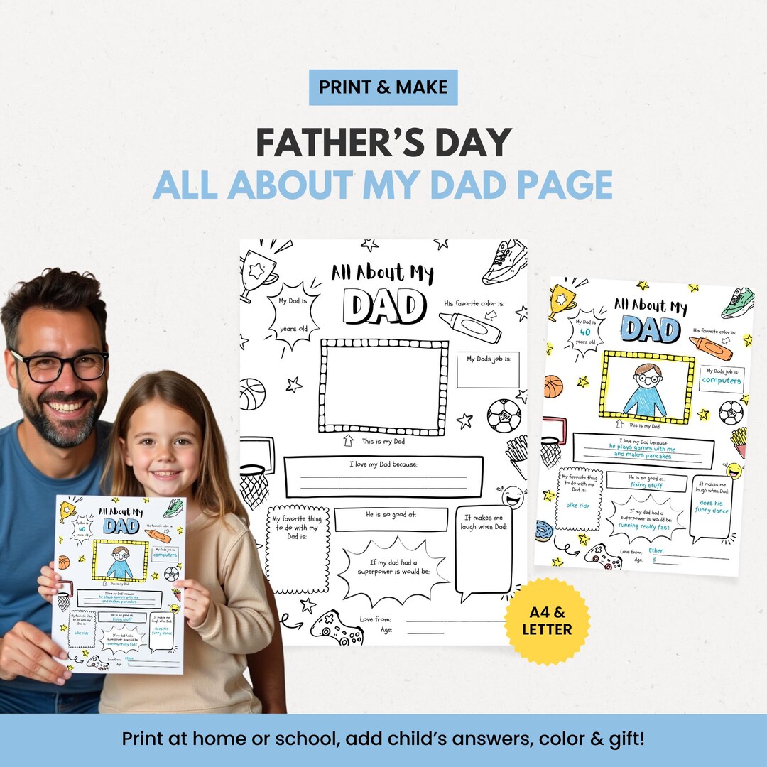All About My Dad Printable, Father's Day Questionnaire Card for Kids ...