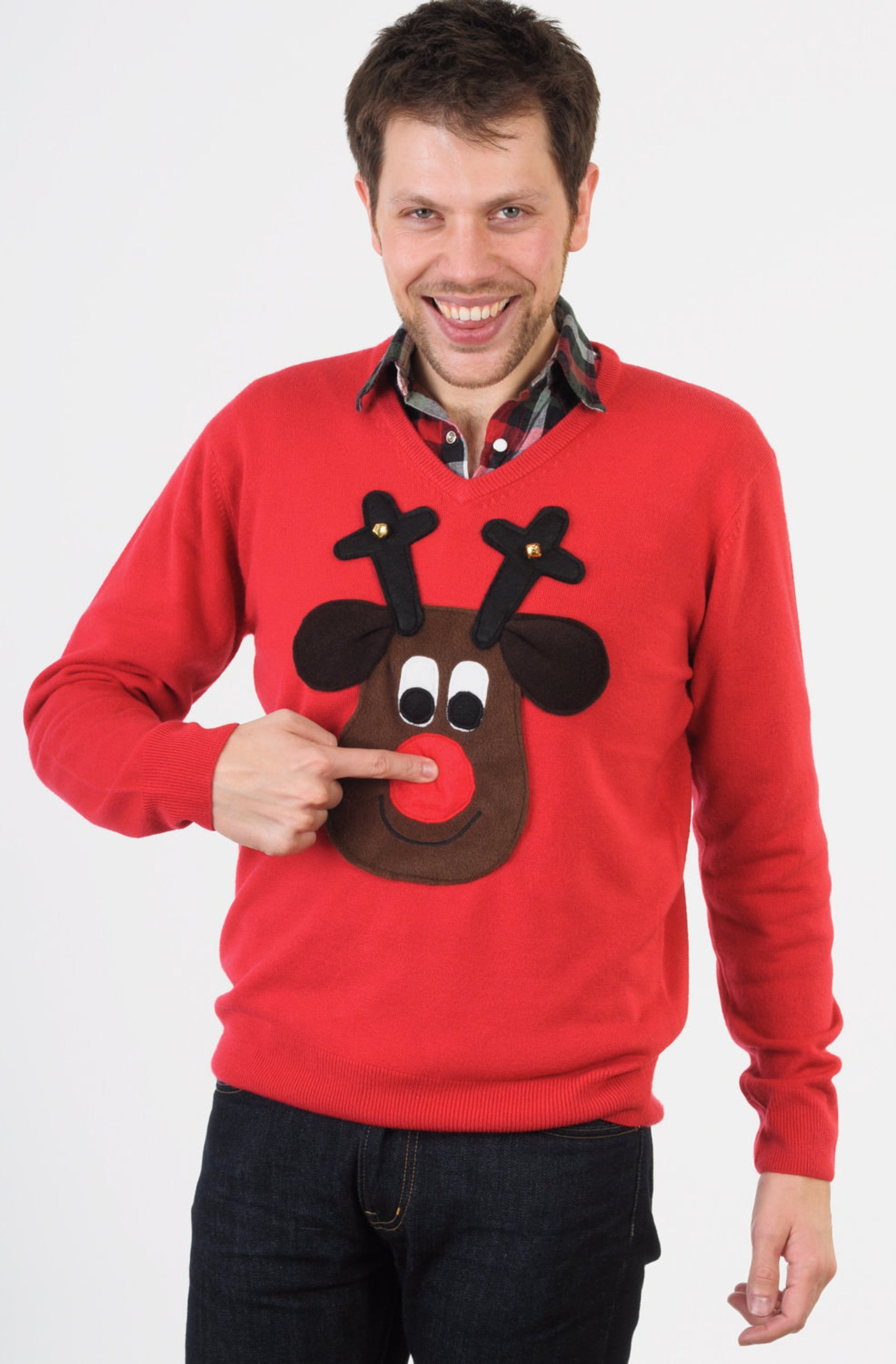 Rudolph Reindeer Brown Face Christmas Sweater With Squeaker Behind His ...