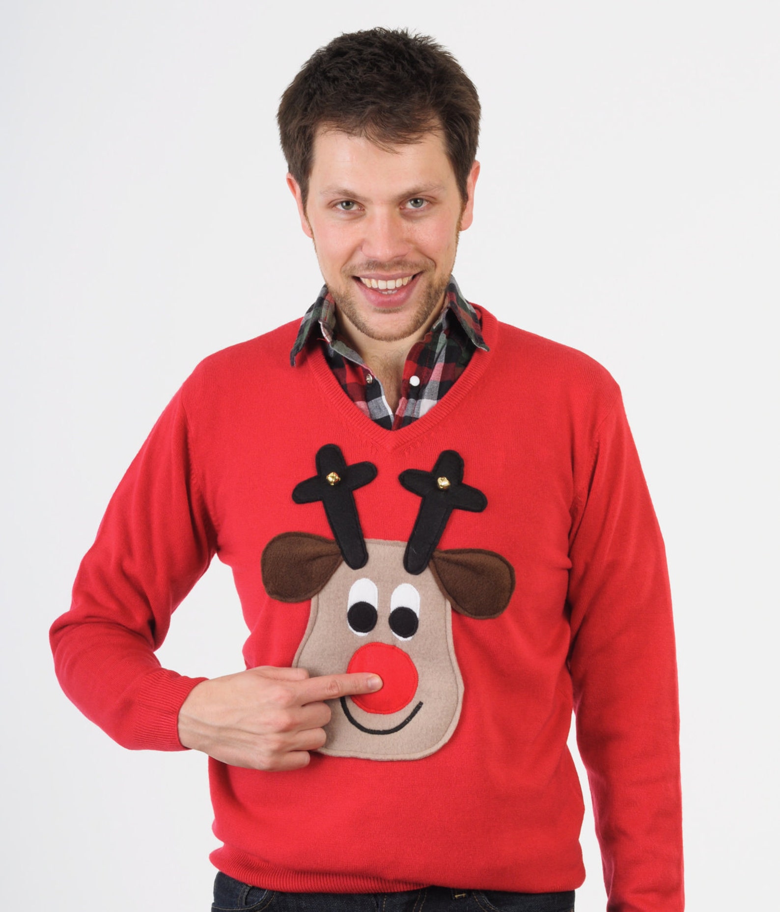 Rudolph Reindeer Christmas Sweater With Squeaker Behind His Nose and ...