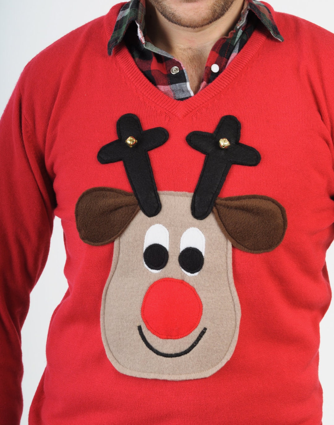 Rudolph Reindeer Christmas Sweater With Squeaker Behind His Nose and ...