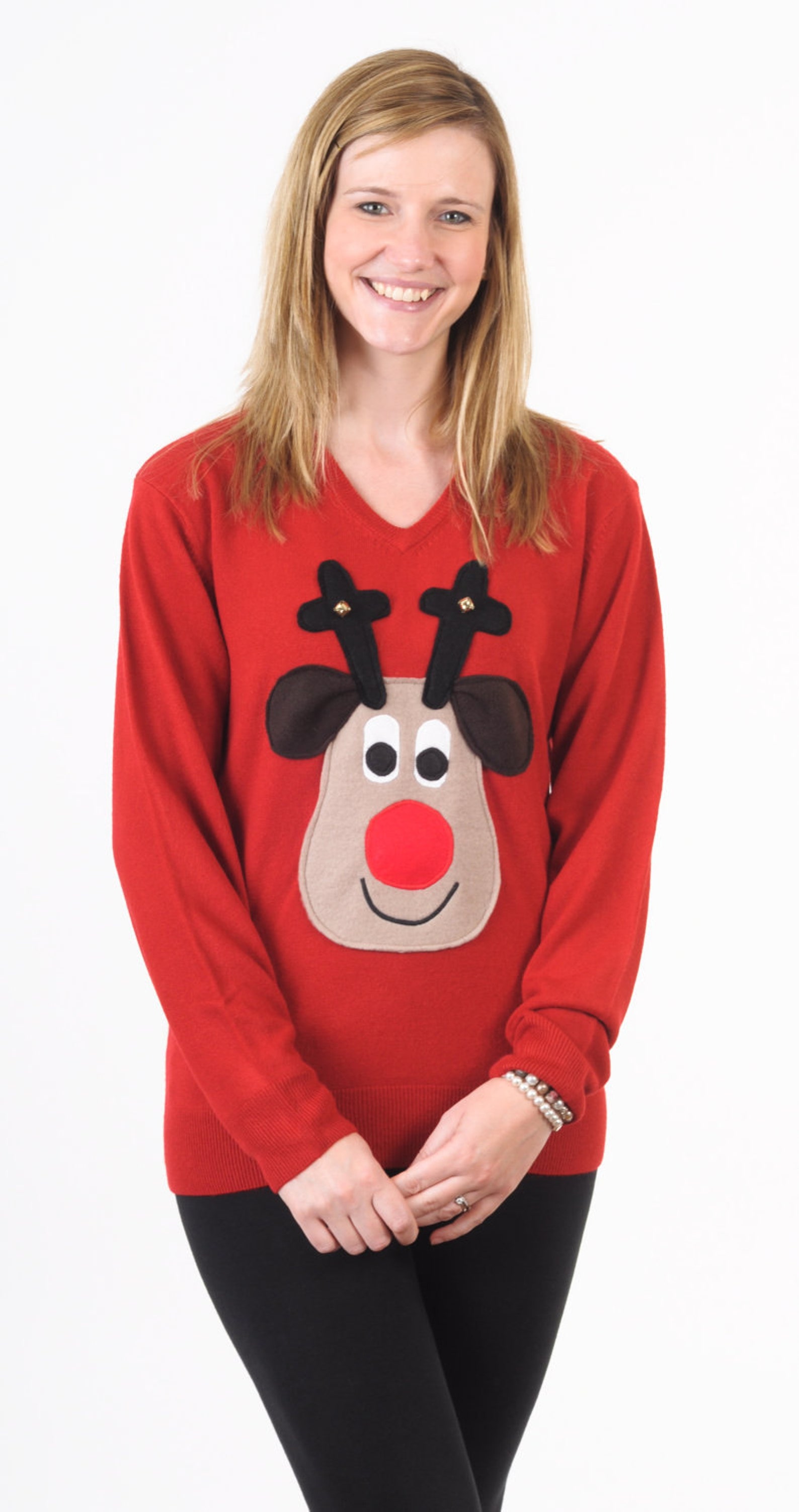 Rudolph Reindeer Christmas Sweater With Squeaker Behind His Nose and ...