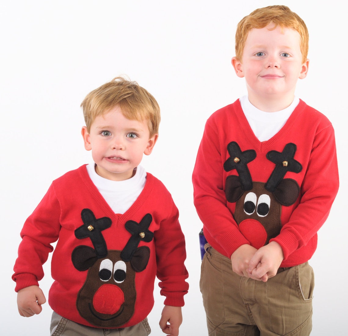 Kids Rudolph Reindeer Brown Face Christmas Sweater With Squeaker and ...