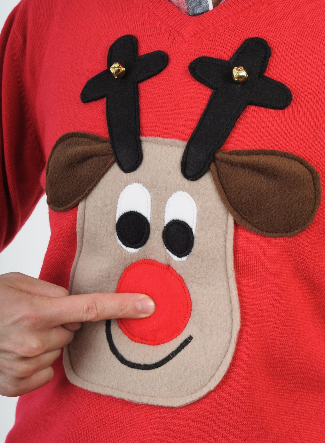 Rudolph Reindeer Christmas Sweater With Squeaker Behind His Nose and ...