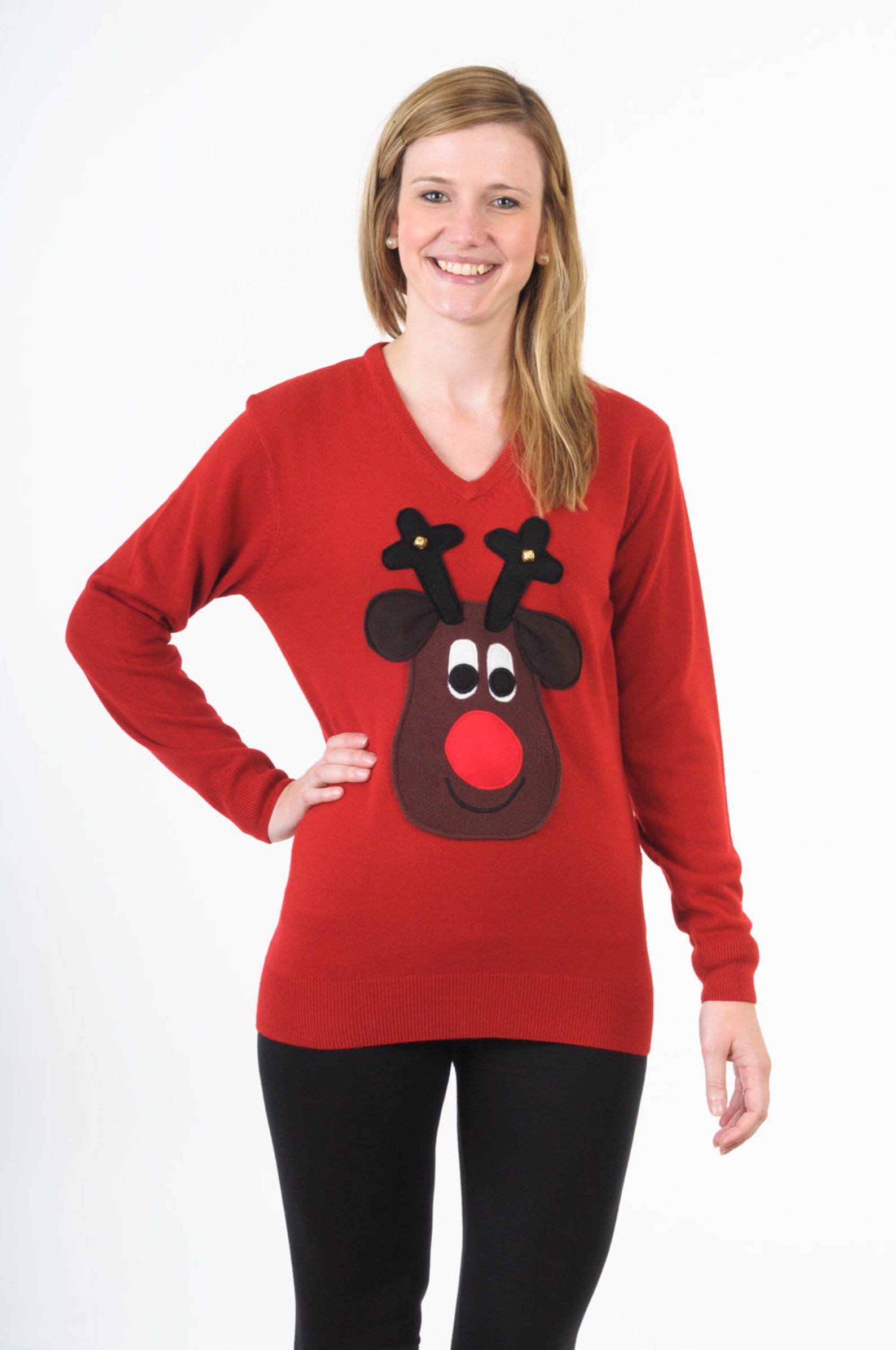 Rudolph Reindeer Brown Face Christmas Sweater With Squeaker Behind His ...