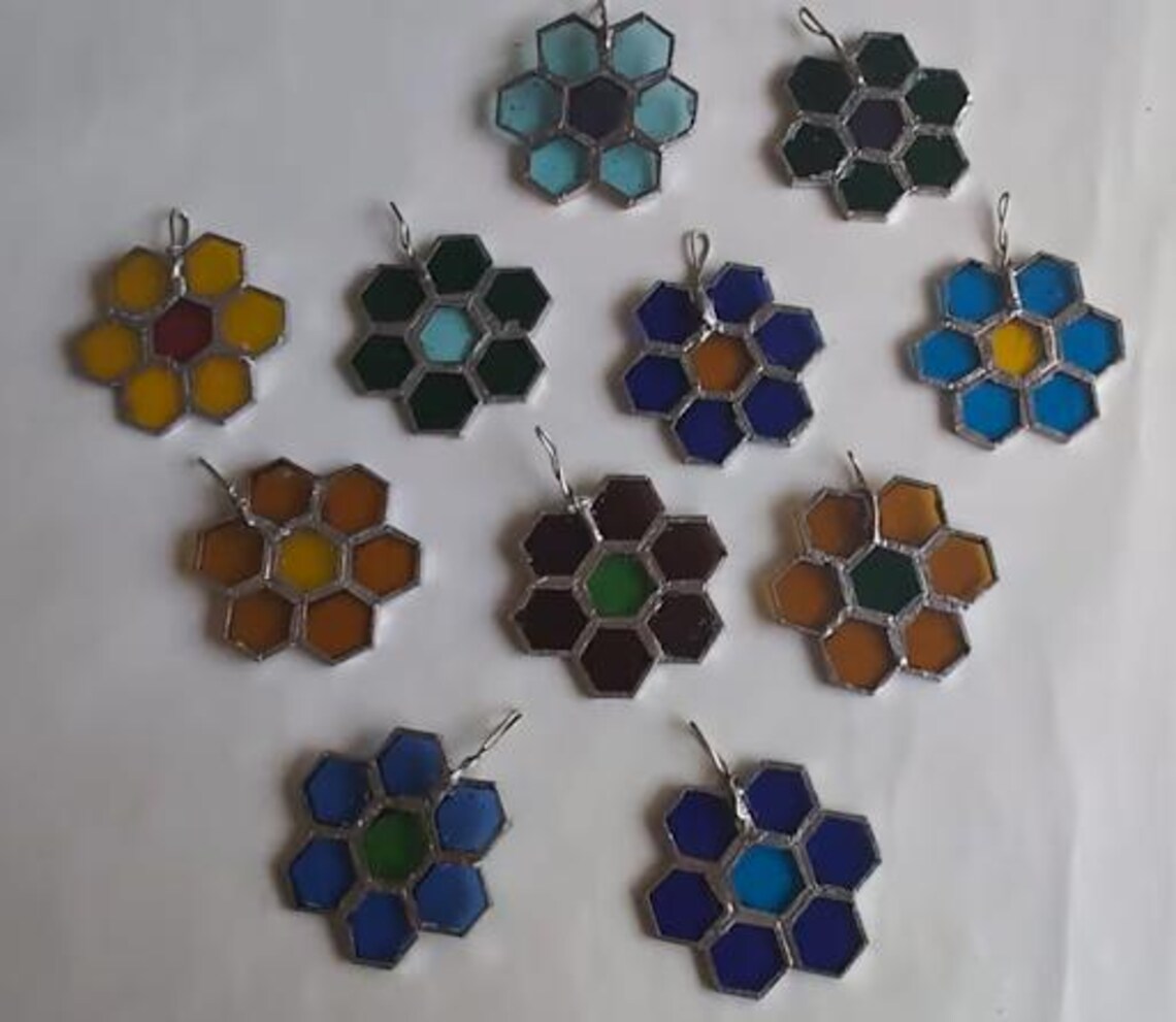 Small Stained Glass Flowers – Handmade Wall Hanging, Hexagon Glass ...