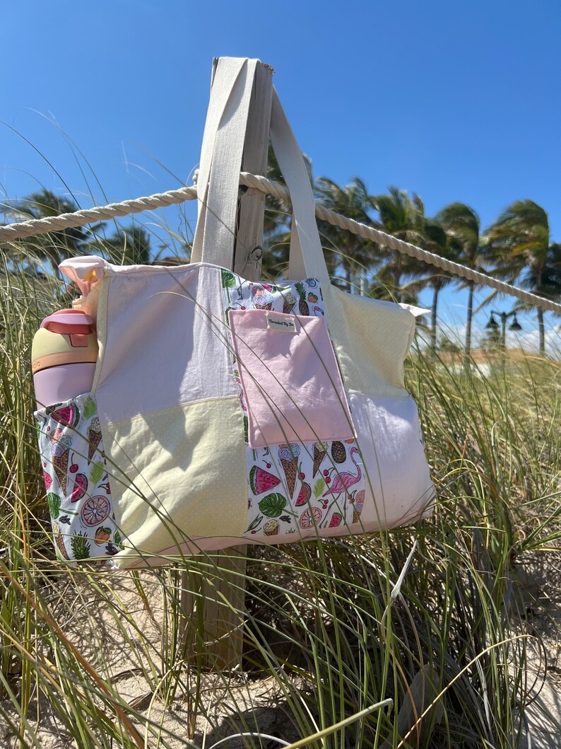 Handmade Patchwork Beach Tote Bag, Terry Cloth Interior - Etsy