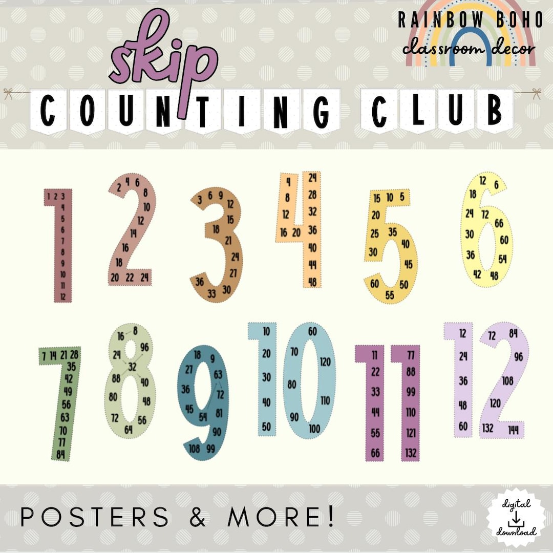 Skip Counting Club Display, Boho Rainbow Classroom Decor, Multiples ...