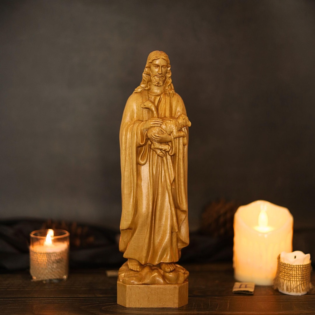 Good Shepherd Jesus Wood Statue , Hand Carved Religious Figurine ...