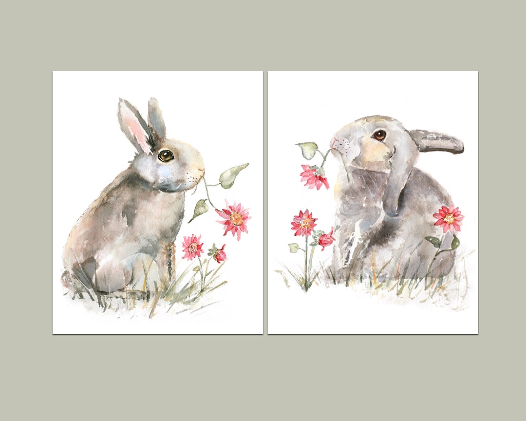 Nursery Wall Art, Bunny Print Set, Easter Wall Art, Watercolor Bunny ...